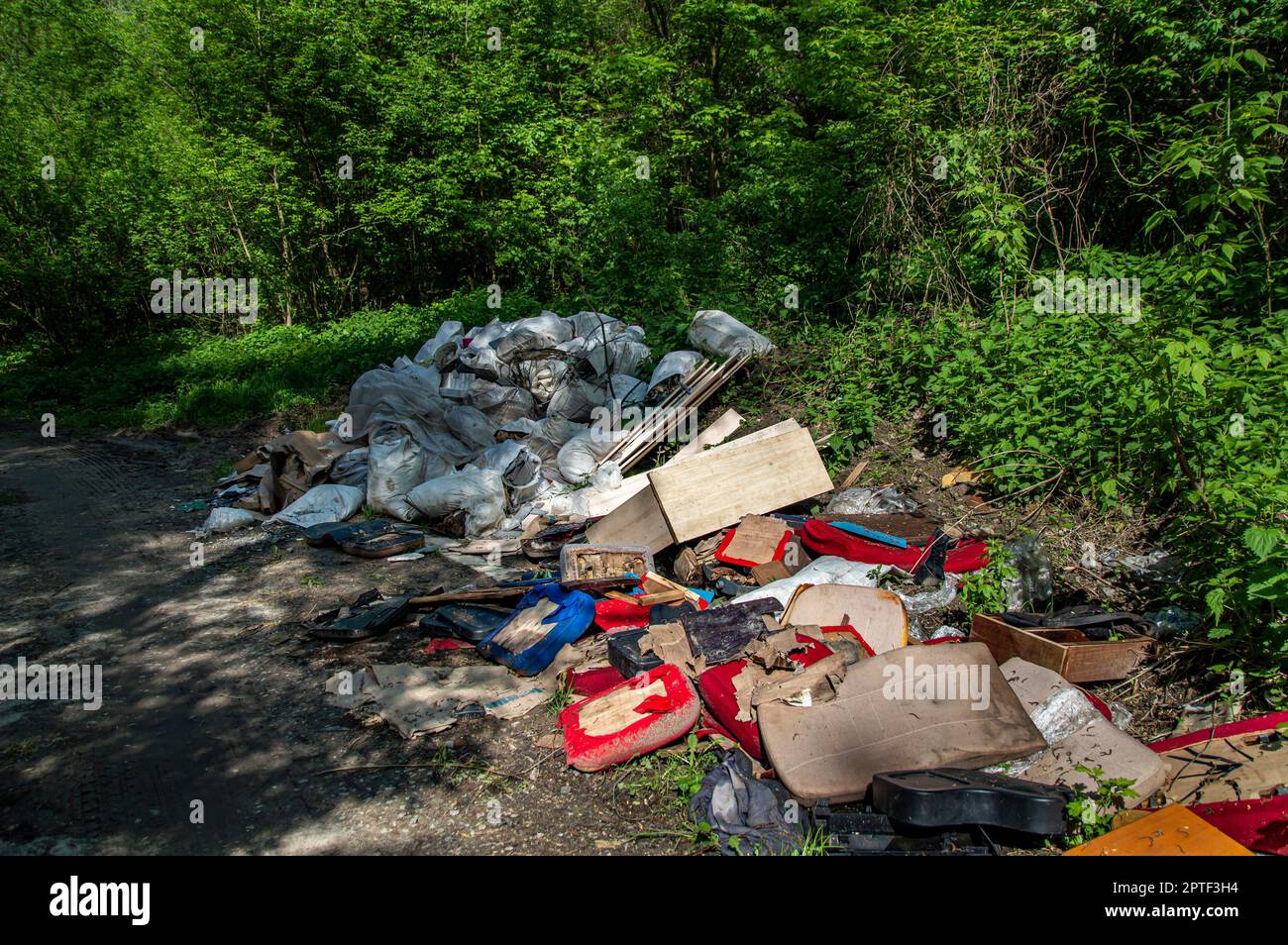Unauthorized garbage dump near the road in a natural park area ...
