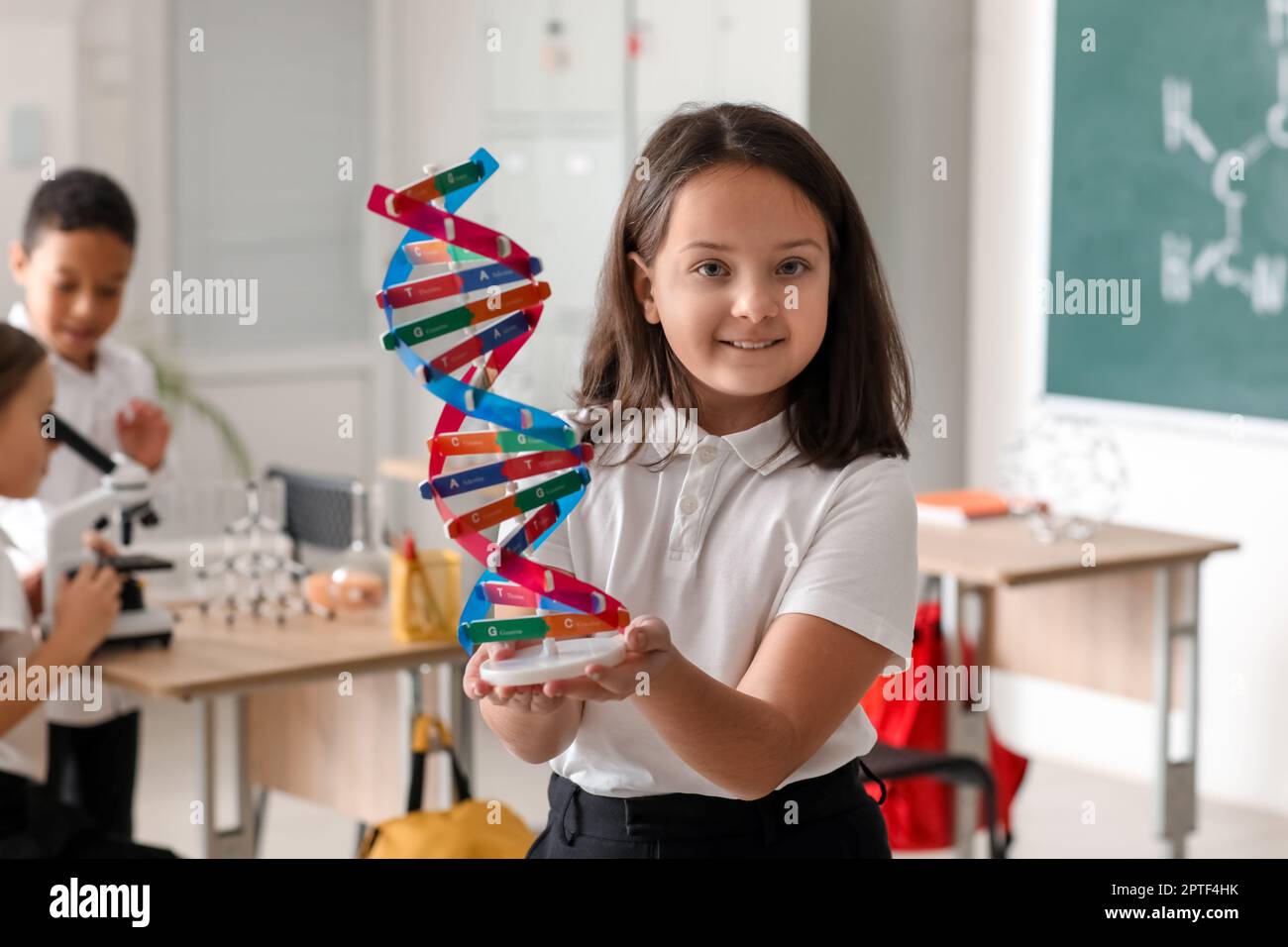 Little girl with molecular model in science classroom Stock Photo - Alamy