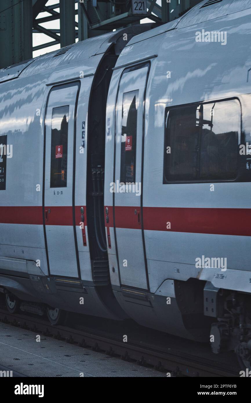 Closeup of the wagon and the door of a German express train in Cologne ...