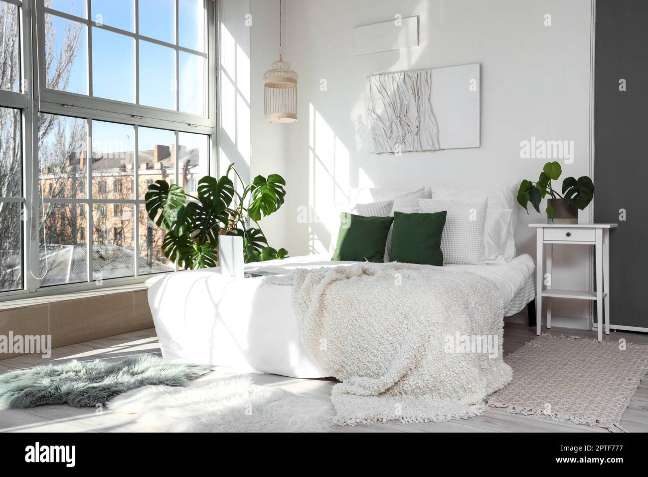 Interior of light bedroom with Monstera houseplant and bed Stock Photo ...
