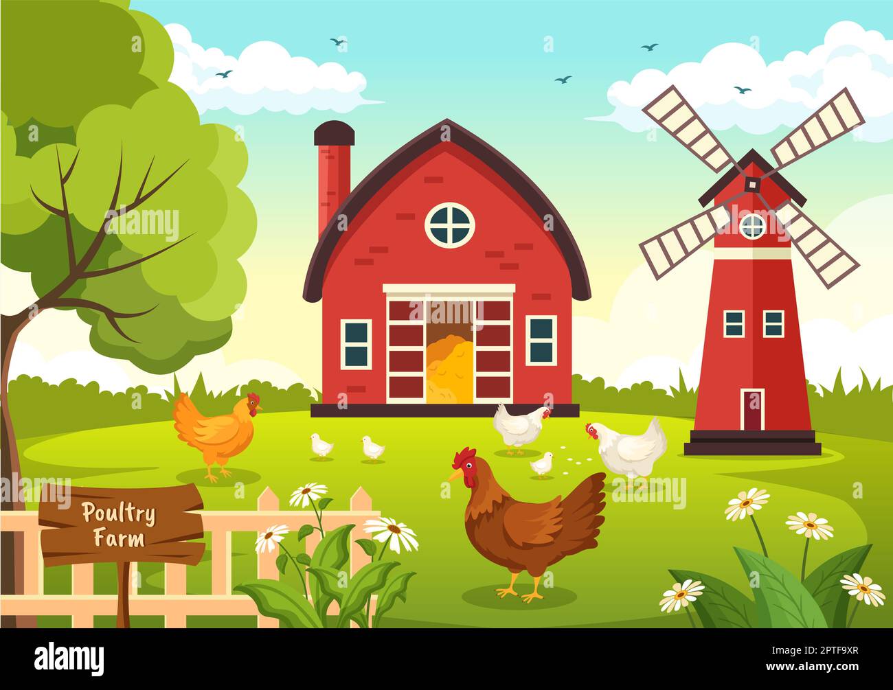 Poultry Farming with Farmer, Cage, Chicken and Egg Farm on Green Field ...