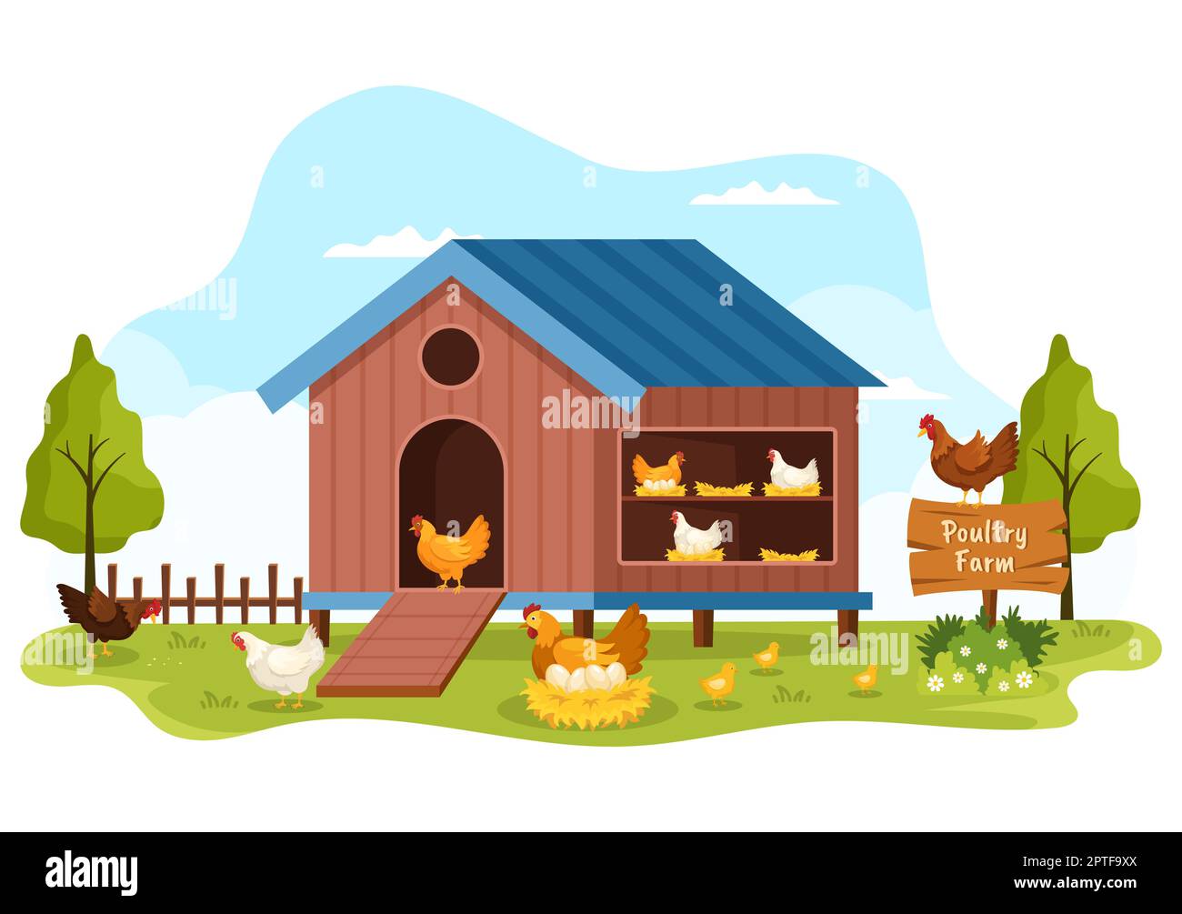 Poultry Farming with Farmer, Cage, Chicken and Egg Farm on Green Field ...