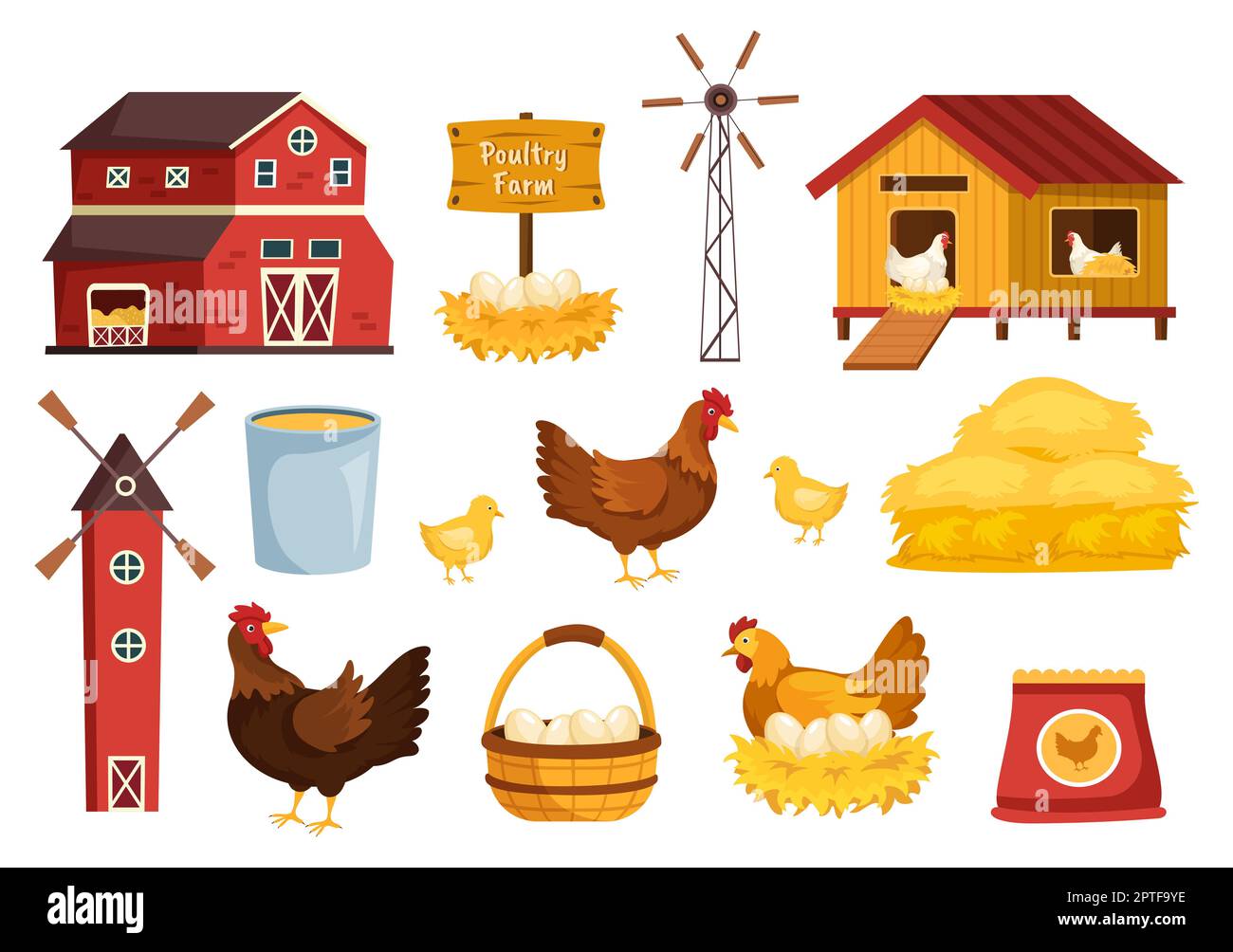 Poultry Farming with Farmer, Cage, Chicken and Egg Farm on Green Field ...