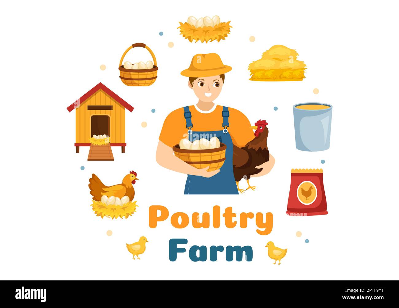 Poultry Farming with Farmer, Cage, Chicken and Egg Farm on Green Field ...