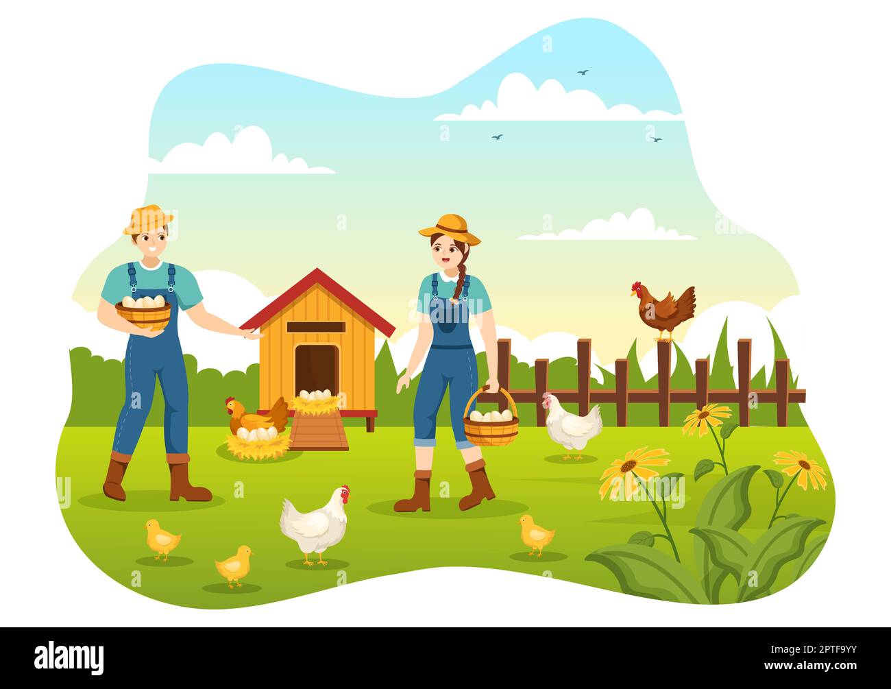 Poultry Farming with Farmer, Cage, Chicken and Egg Farm on Green Field ...