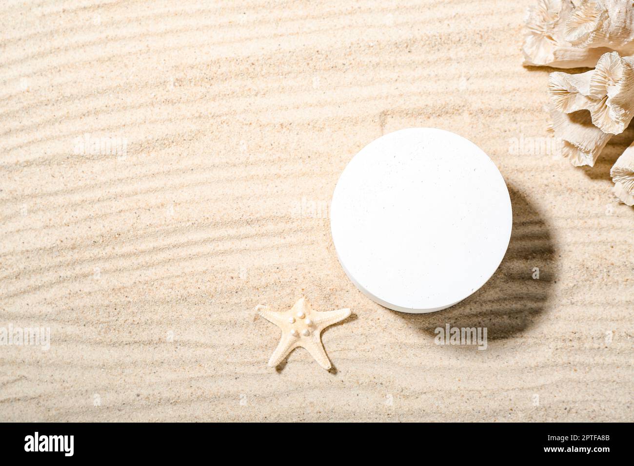 Decorative plaster podium, starfish and coral in sand Stock Photo - Alamy