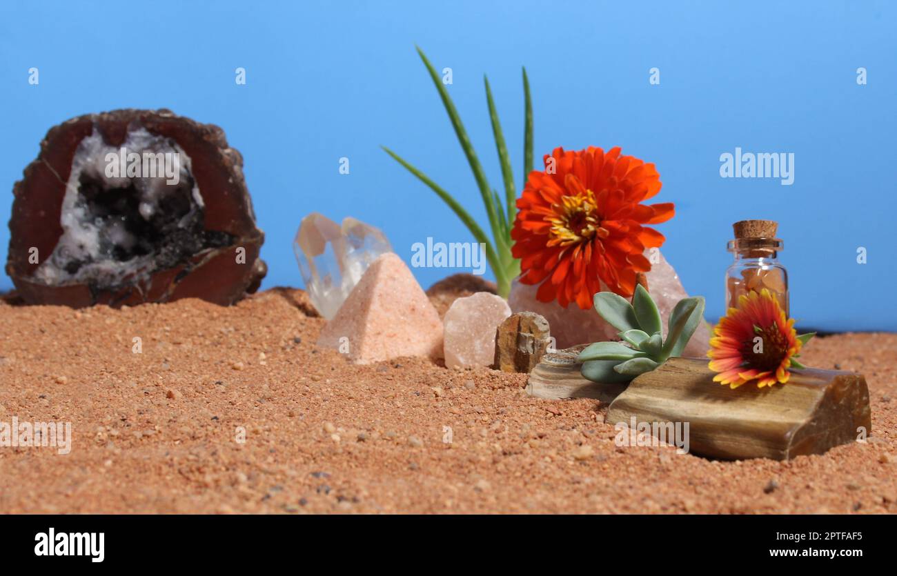 Chakra Stones and Aloe Plant on Australian Red Sand. Meditation Altar ...
