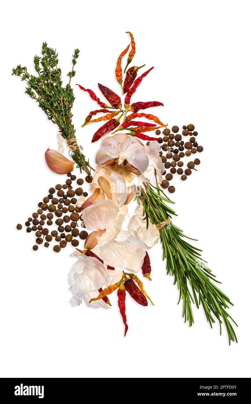 Composition with garlic and chilli pepper isolated on white background ...