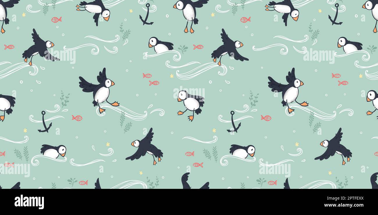 Cute hand drawn puffin seamless pattern, lovely doodle birds background ...