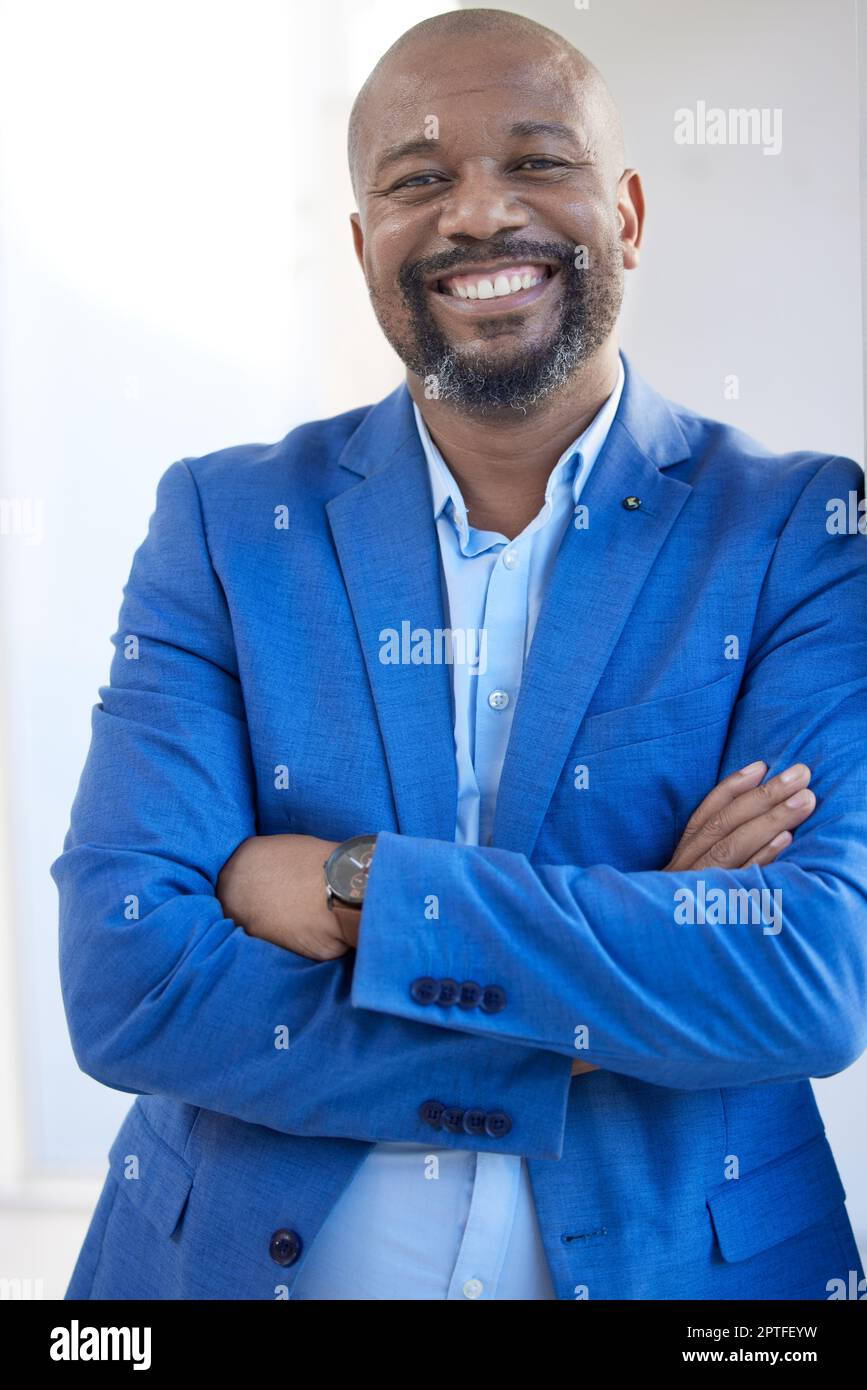 Business ceo, black man leadership and portrait in blue suit, corporate ...