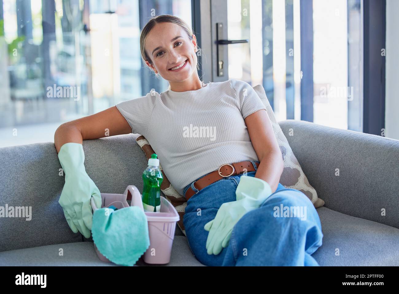 Sofa, cleaning service and business woman in portrait with cleaner ...