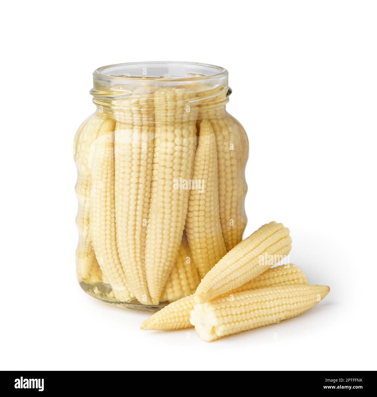 Jar of tasty canned corn cobs on white background Stock Photo - Alamy