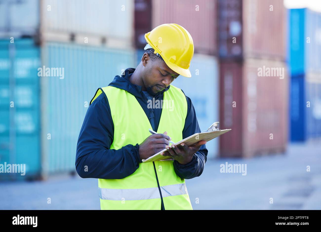 Logistics, shipping and checklist by man manager checking stock and ...