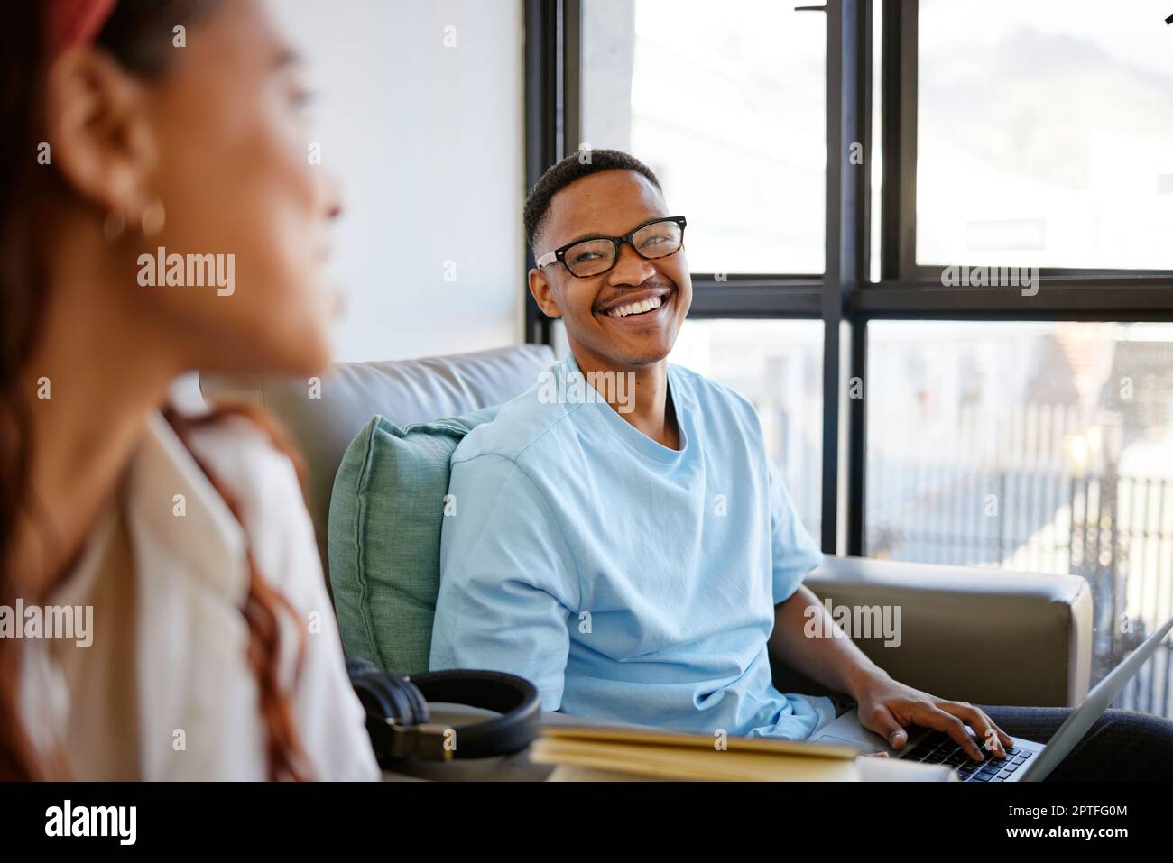 Happy students, teamwork or education man with smile on laptop in ...