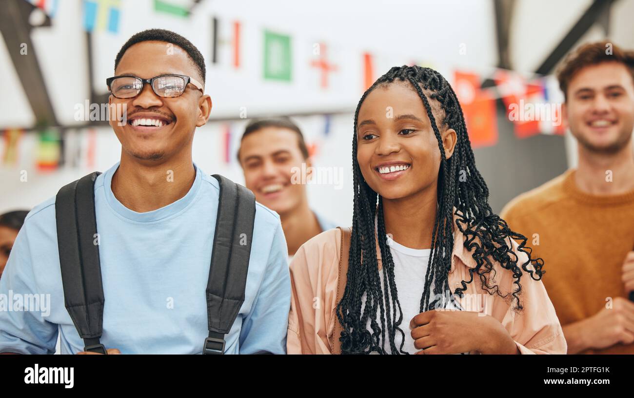 College friends, couple and happy students group at university for ...