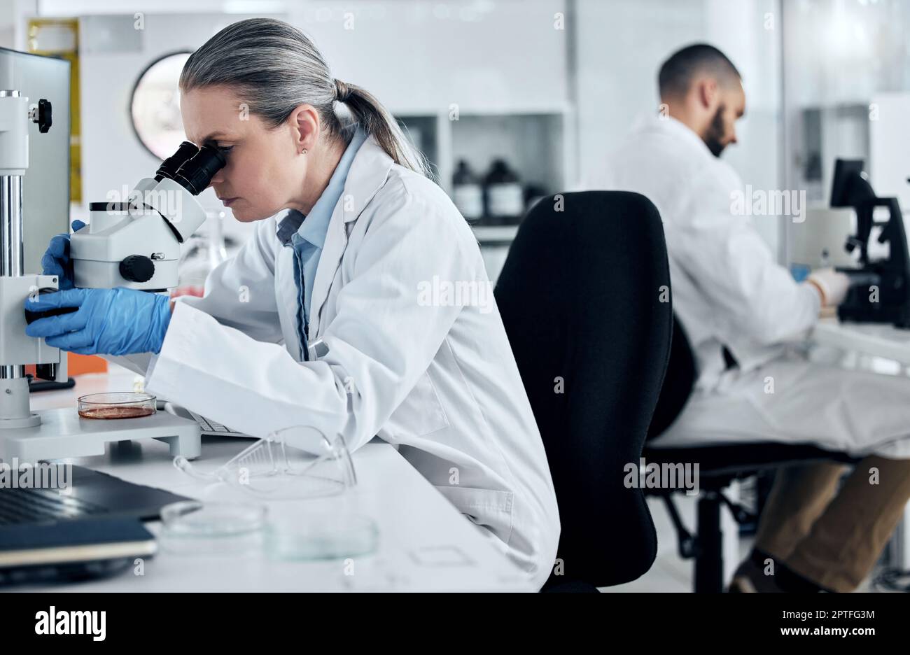 Laboratory woman, microscope or medical research of covid sample, cancer biopsy or DNA ...