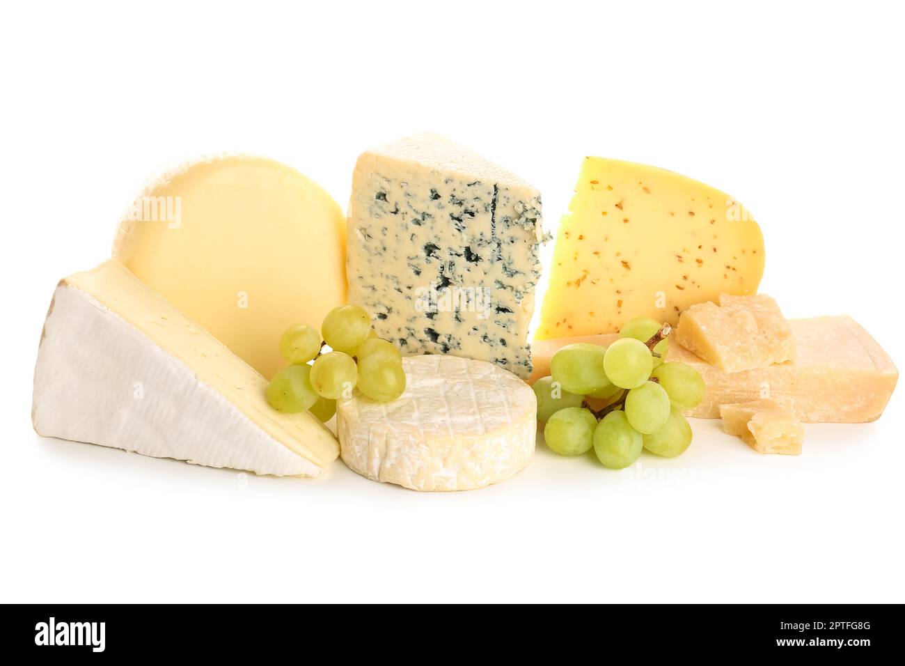Different types of cheese with grapes isolated on white background ...