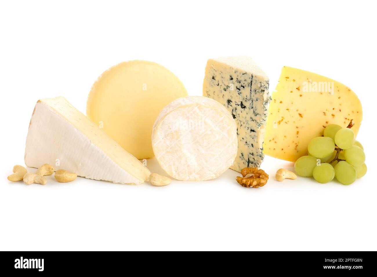 Different types of cheese with grapes and nuts isolated on white ...