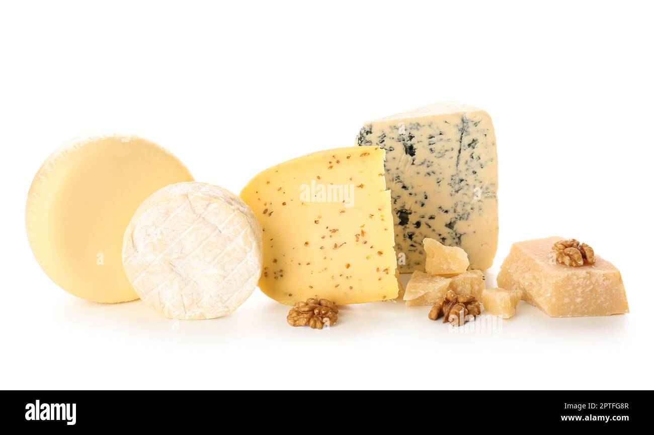 Different types of cheese isolated on white background Stock Photo - Alamy
