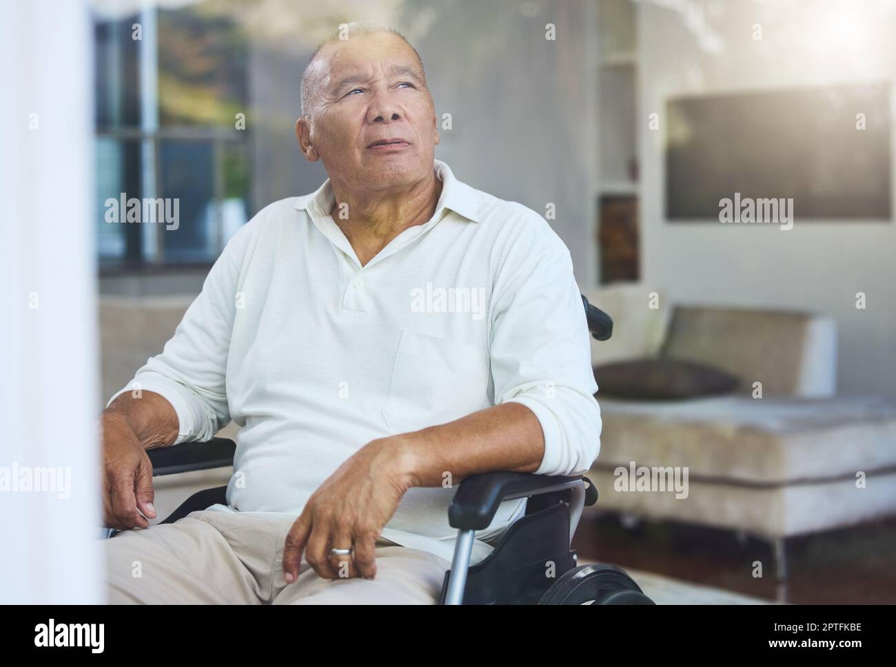 Disabled, sad and senior man thinking of accident in a wheelchair by ...