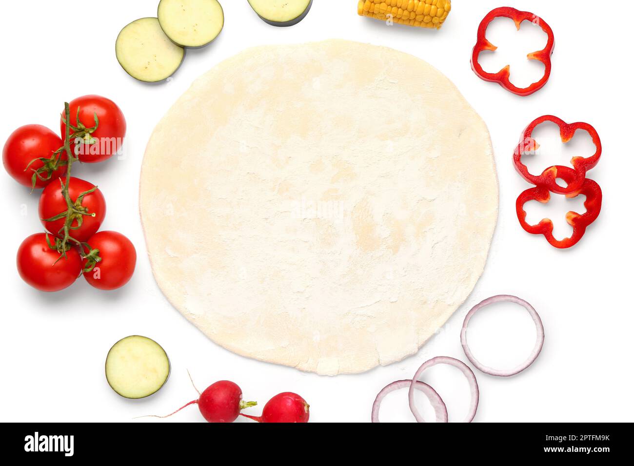 Raw dough and ingredients for preparing vegetable pie on white ...