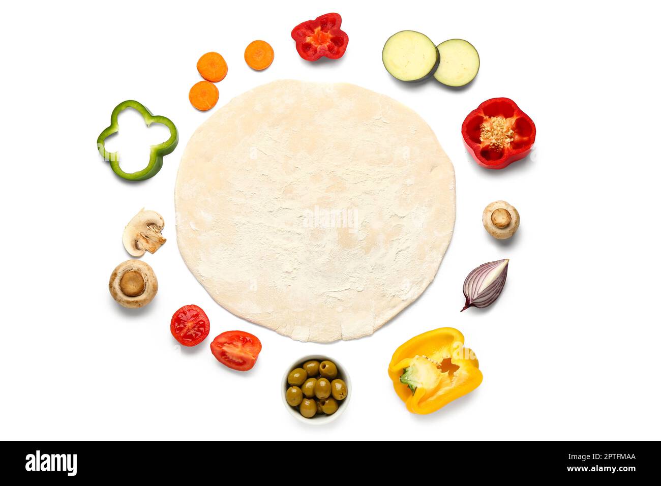 Raw dough and ingredients for preparing vegetable pie on white ...
