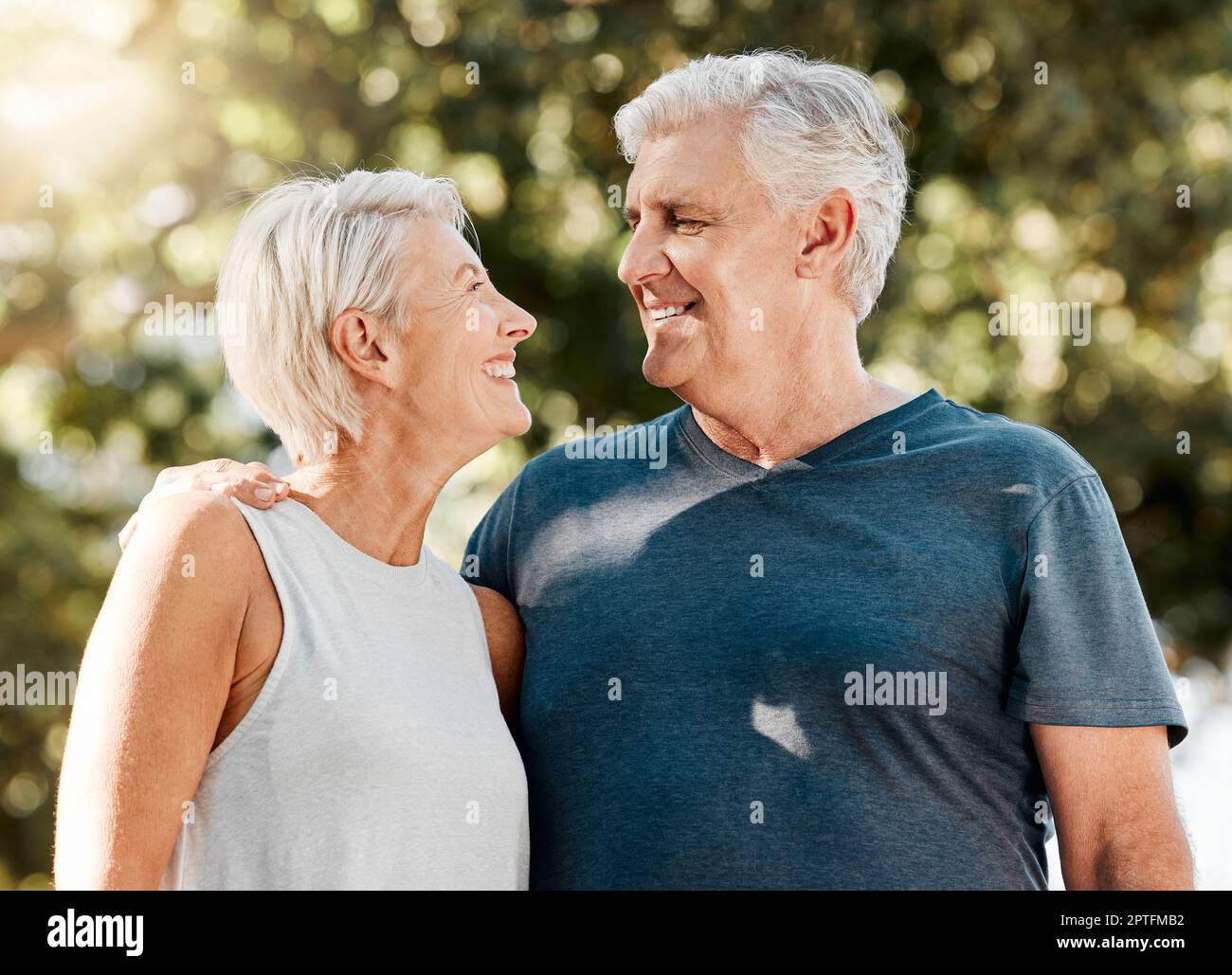 Senior couple, laughing and bonding in fitness workout and garden ...