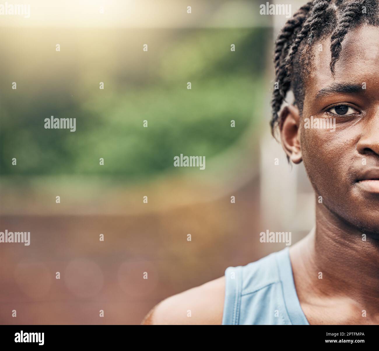 Sport, basketball and face with a black man workout portrait for health ...