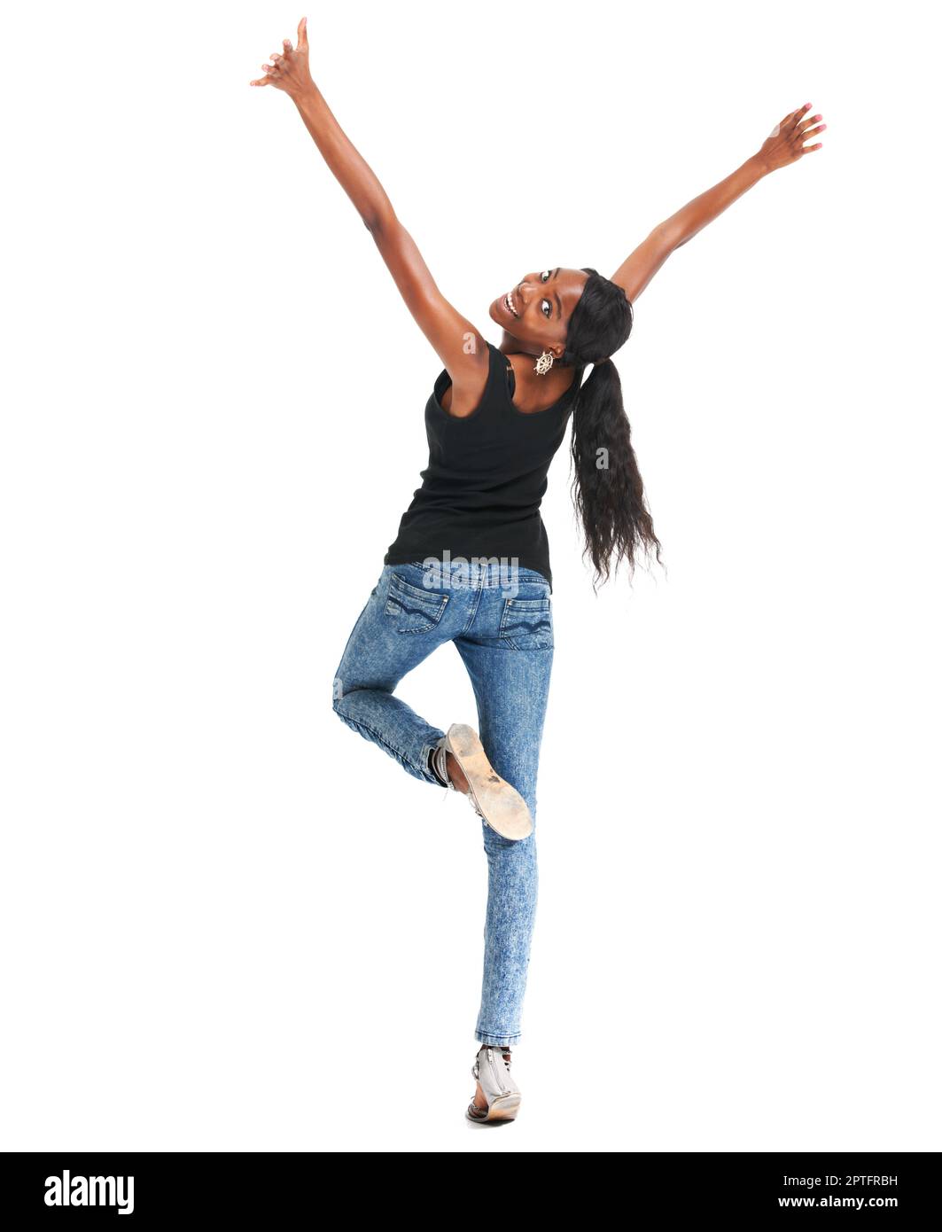 Filled with positive energy and feeling great. Happy young woman posing ...