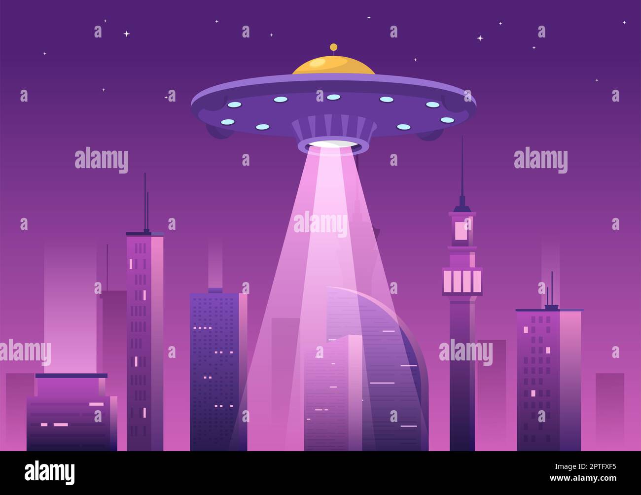 UFO Flying Spaceship with Rays of Light in Sky Night City View and ...