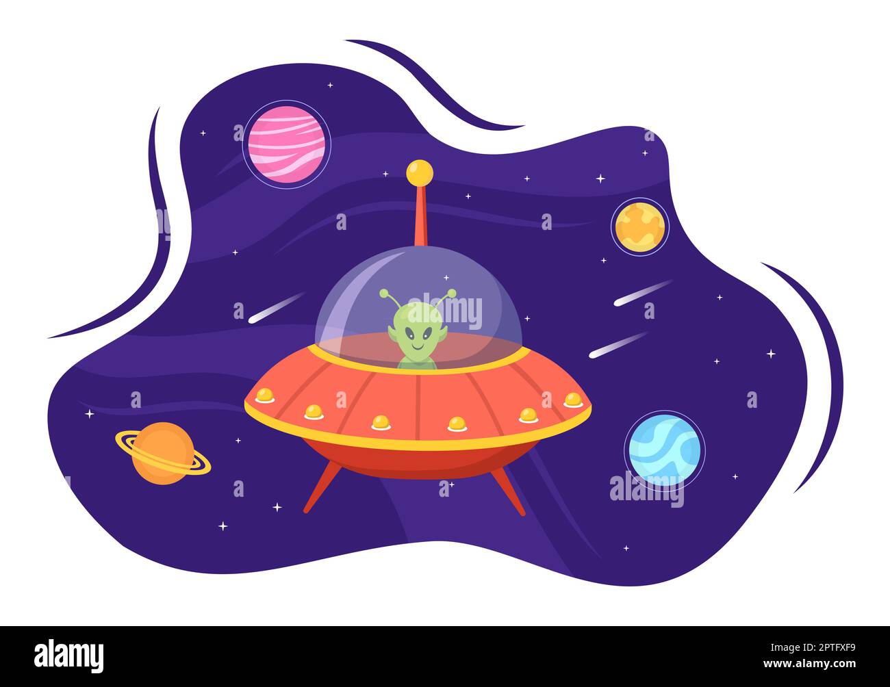 UFO Flying Spaceship with Rays of Light in Sky Night City View and ...