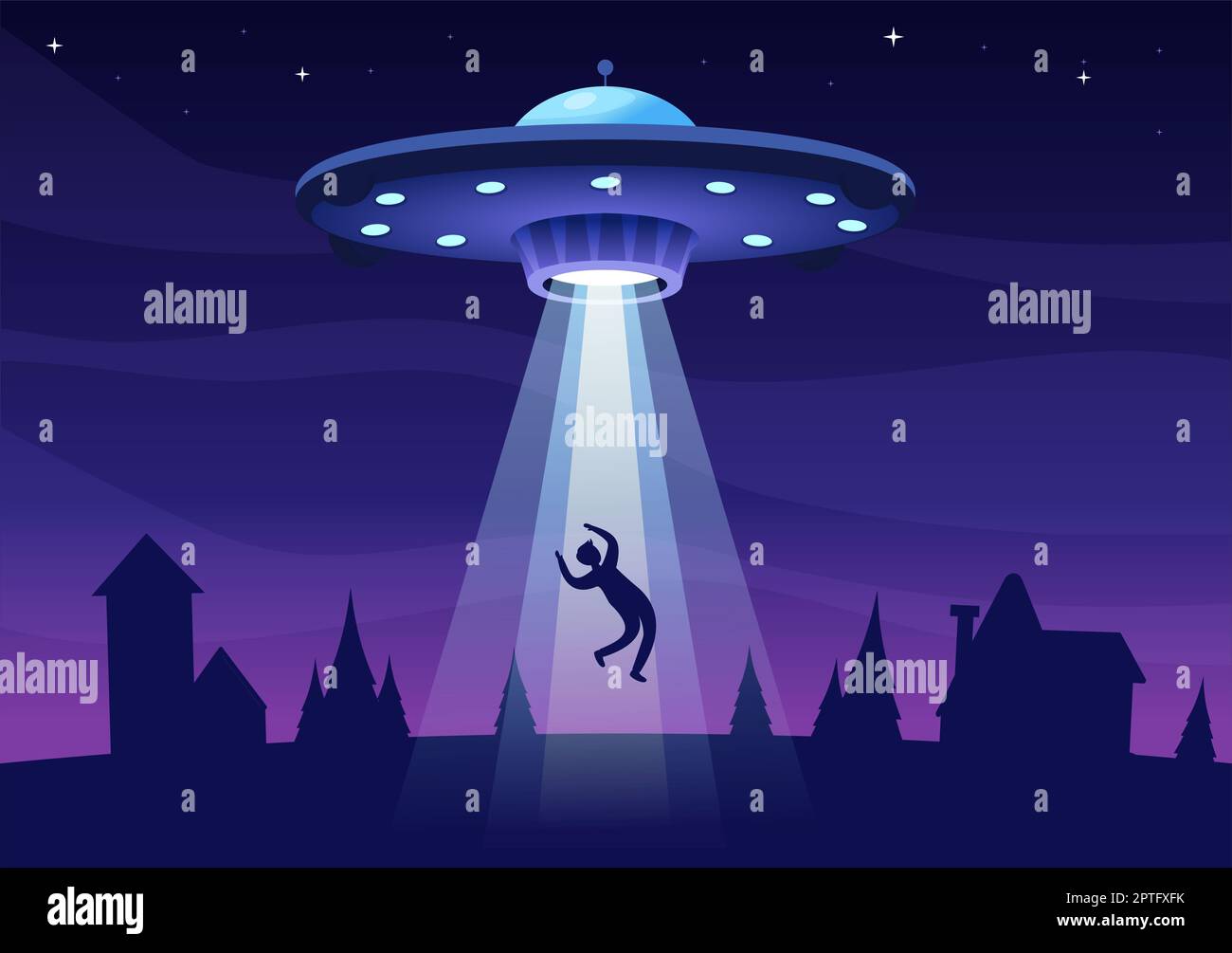 UFO Flying Spaceship with Flying Saucer Over the City Sky Abducts Human ...