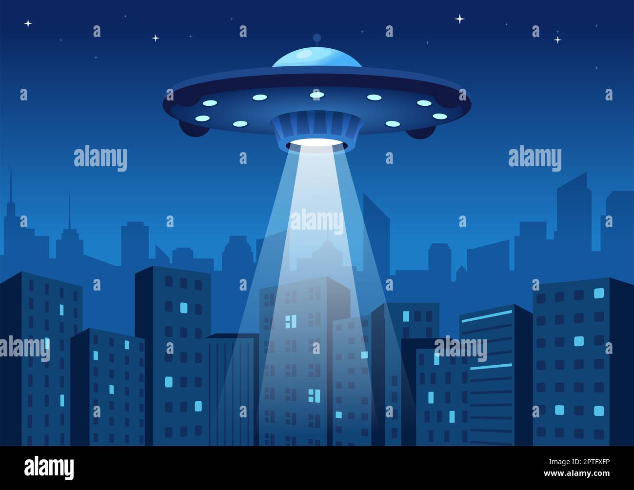 UFO Flying Spaceship with Rays of Light in Sky Night City View and ...