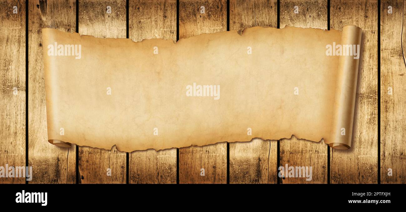 Old paper horizontal banner. Parchment scroll on a wood board ...