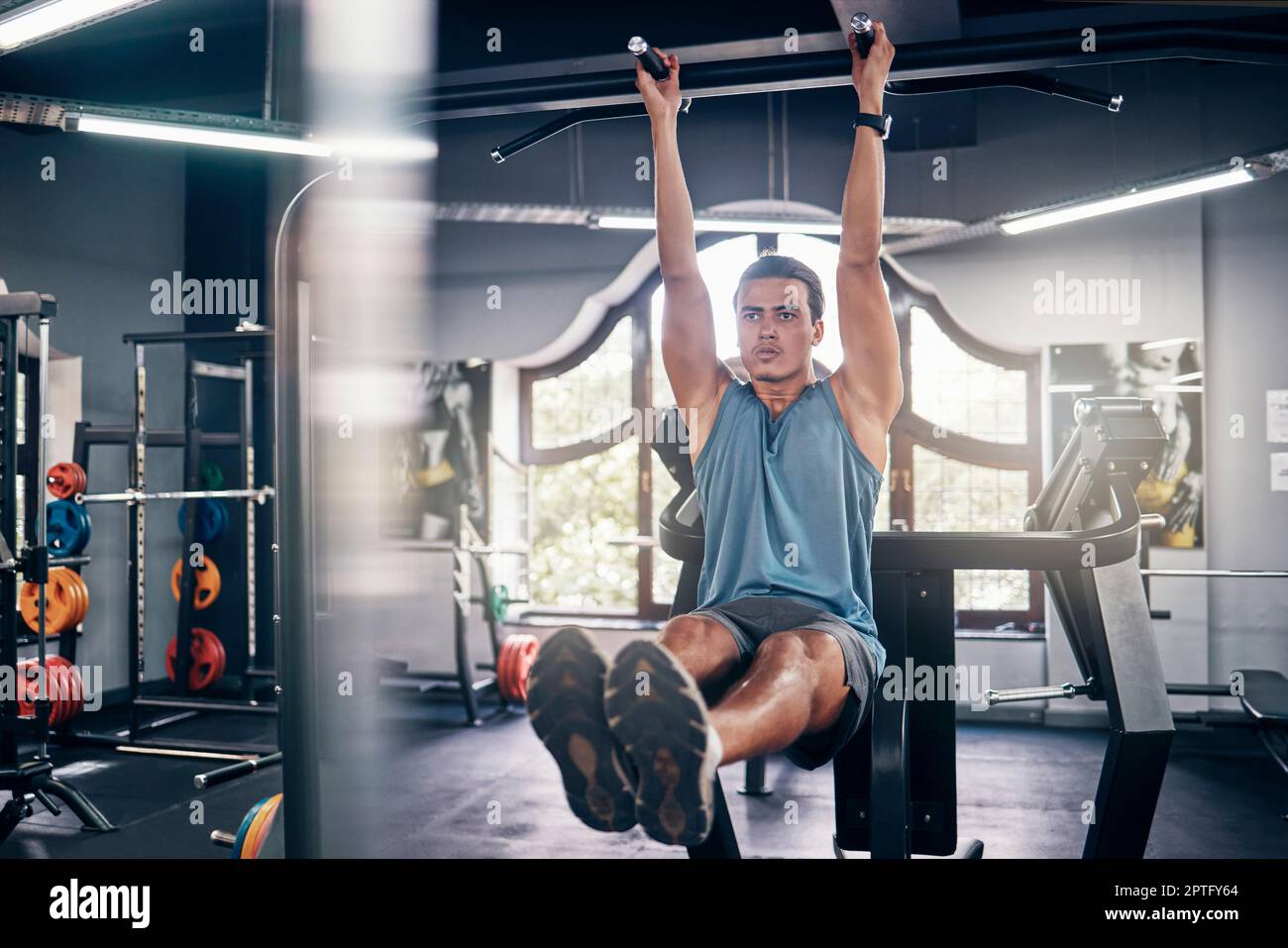 Hanging man, gym and leg raise exercise, workout and training for ...