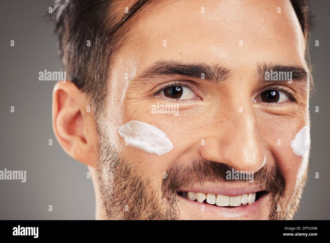 Face, man and cosmetics skincare for spa beauty product or skin ...