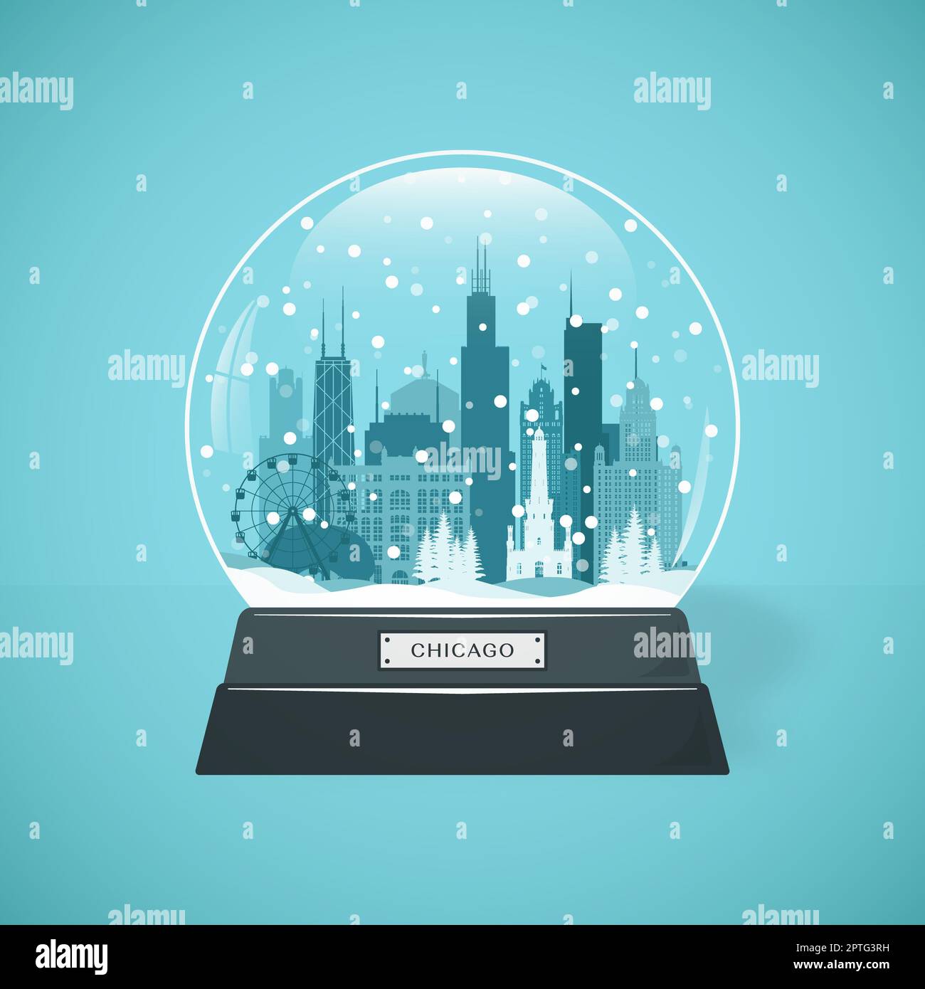 Chicago City skyline snow globe. Merry Christmas and Happy New Year ...
