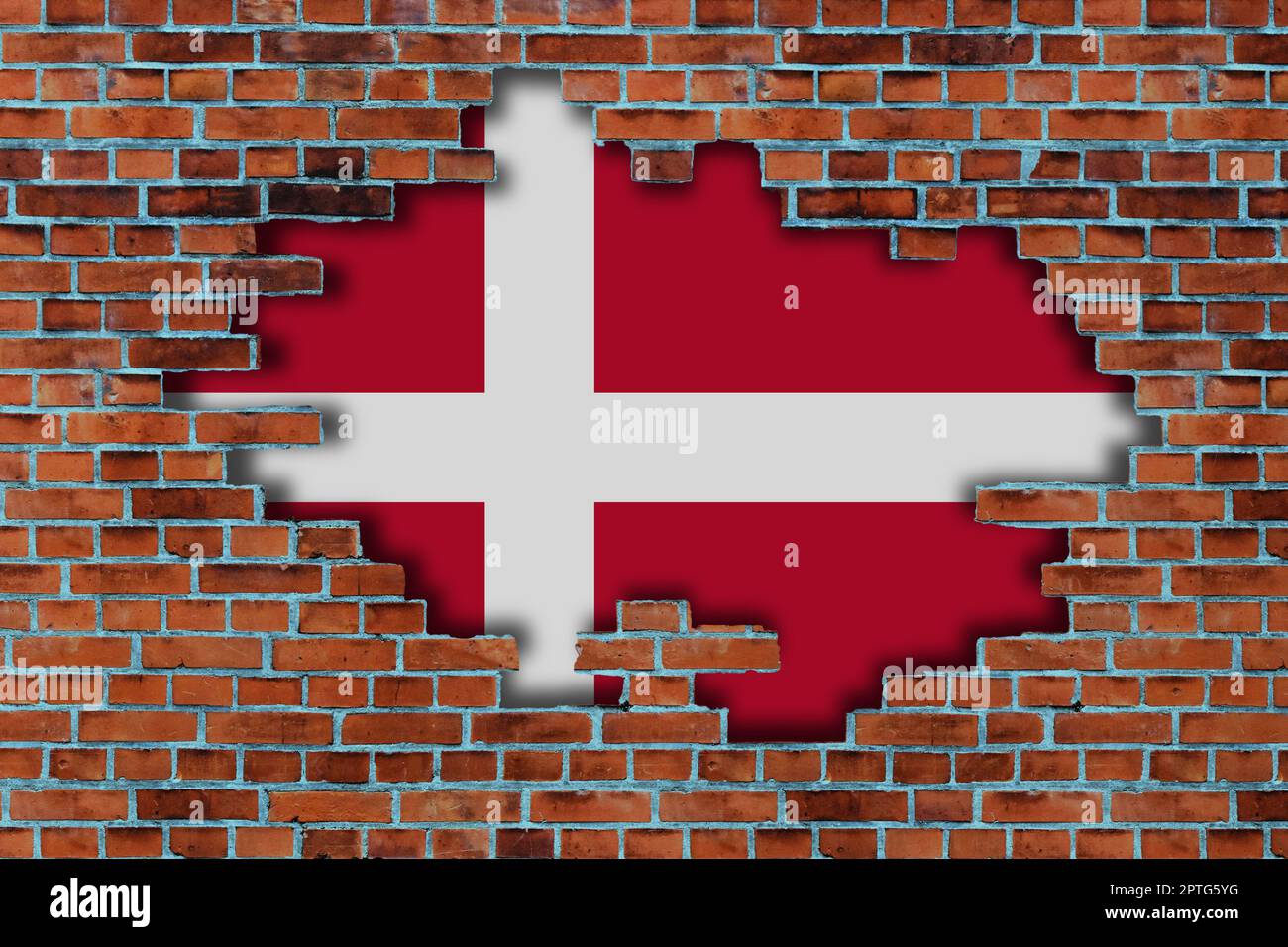 3D Flag of Denmark behind the broken old stone wall background Stock ...