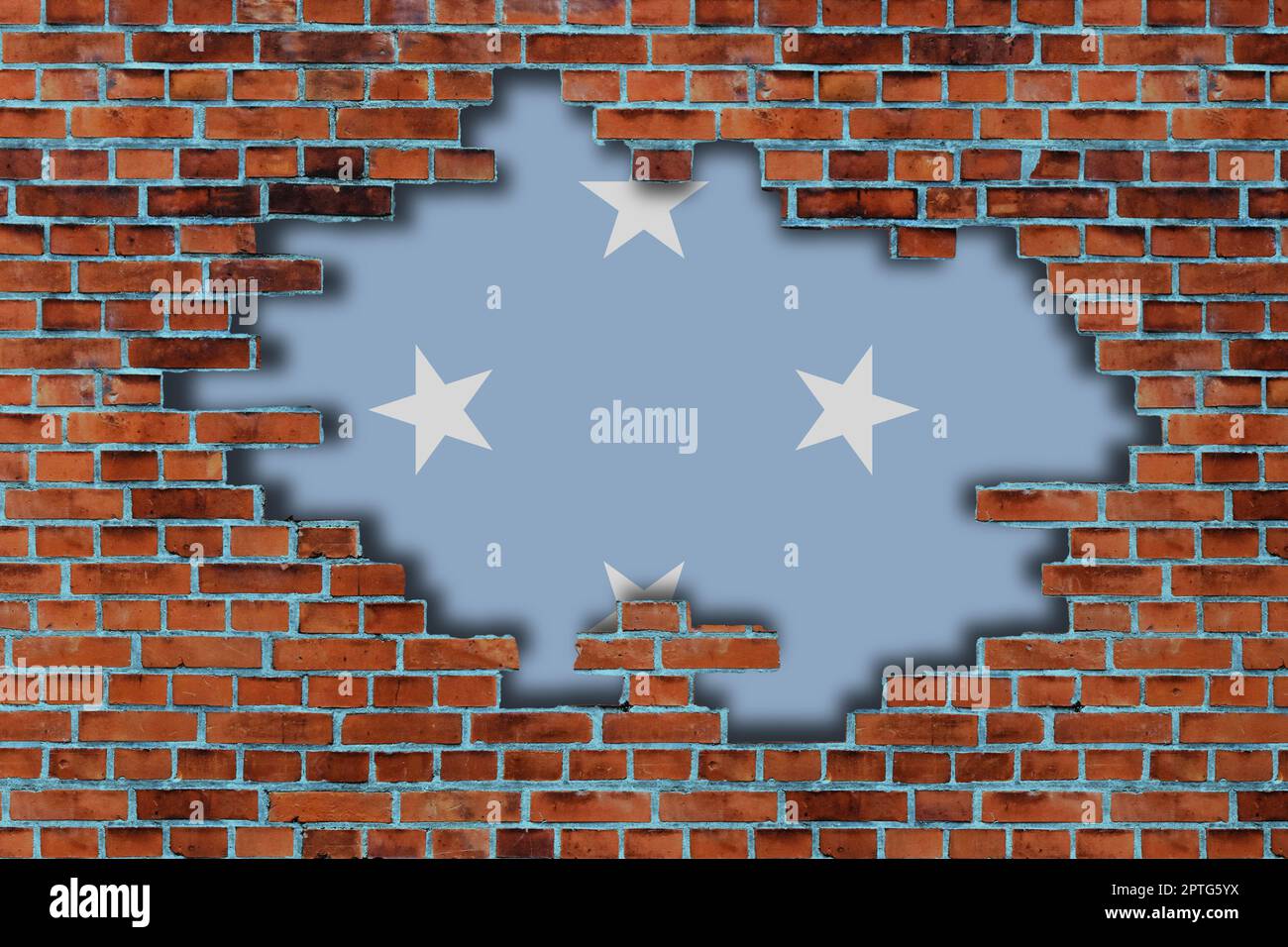 3D Flag of Federated States of Micronesia behind the broken old stone ...
