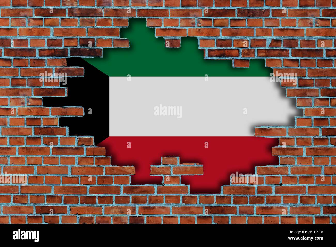 3D Flag of Kuwait behind the broken old stone wall background Stock ...