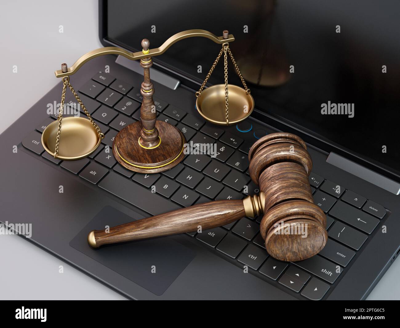 Judge gavel and balanced scale standing on laptop computer keyboard. 3D illustration Stock Photo ...