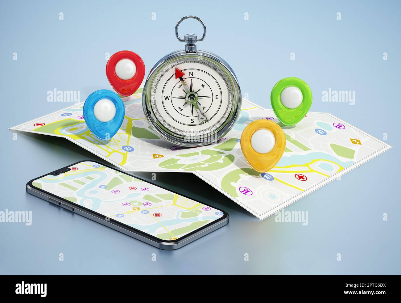 Smartphone, compass and GPS markers standing on navigation map. 3D ...