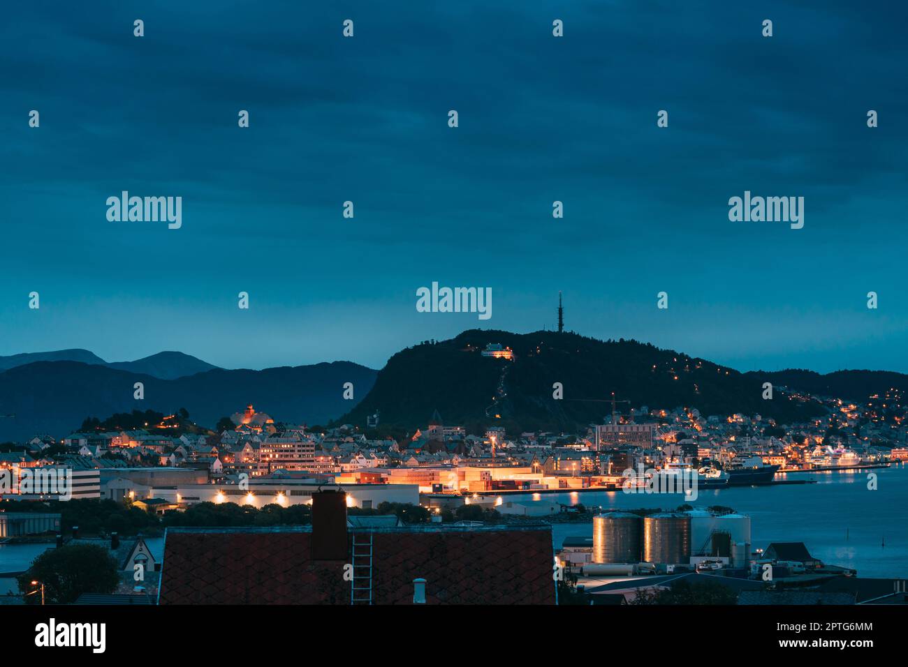 Alesund, Norway. Night Alesund Skyline Cityscape. Historical Center In ...