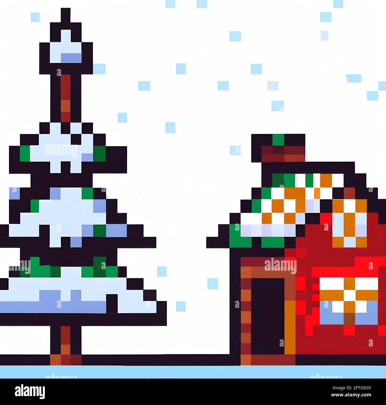Christmas tree and house with snow in winter, pixel art style ...