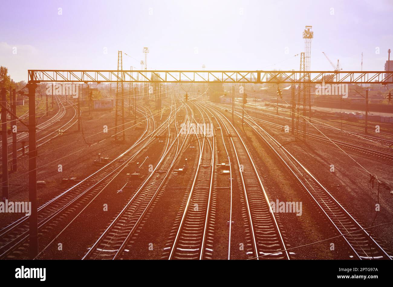 Railway landscape. Empty railway tracks in depot under the open air ...