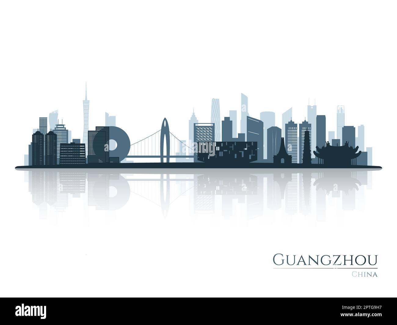 Guangzhou skyline silhouette with reflection. Landscape Guangzhou ...