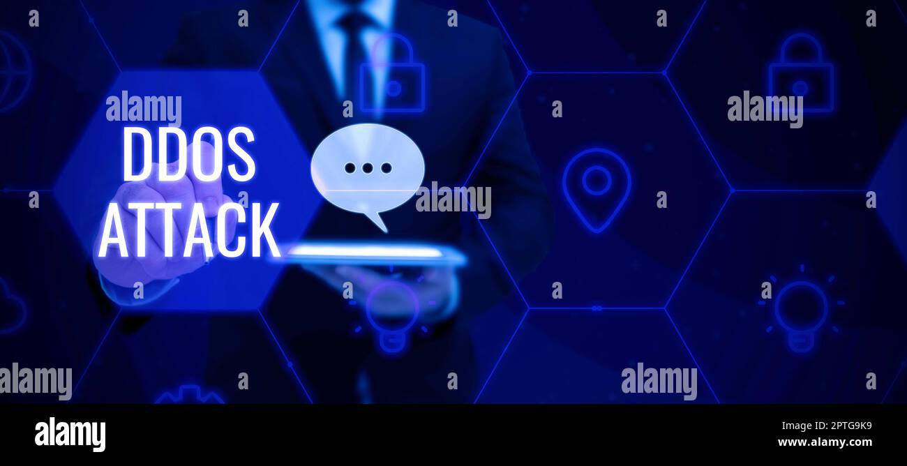 Text caption presenting Ddos Attack, Conceptual photo disturbed access to the normal server ...