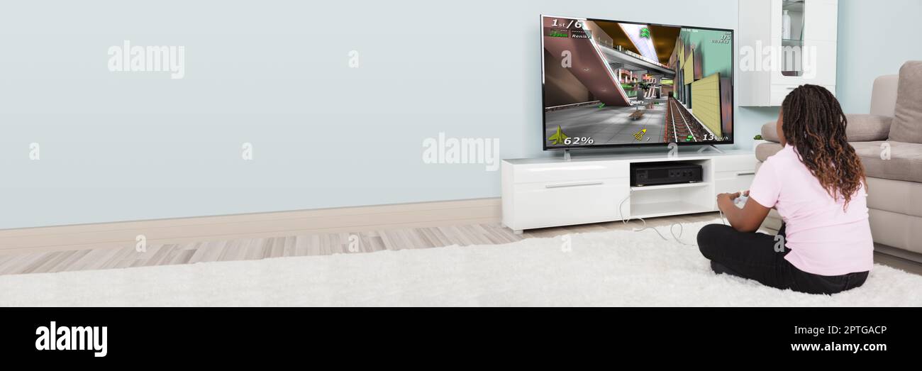 Child Playing Video Game On TV. Watching Console Screen Stock Photo - Alamy