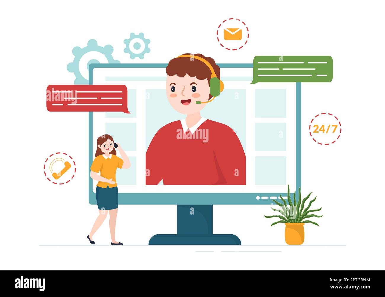 Call Center Agent of Customer Service or Hotline Operator with Headsets and Computers in Flat ...