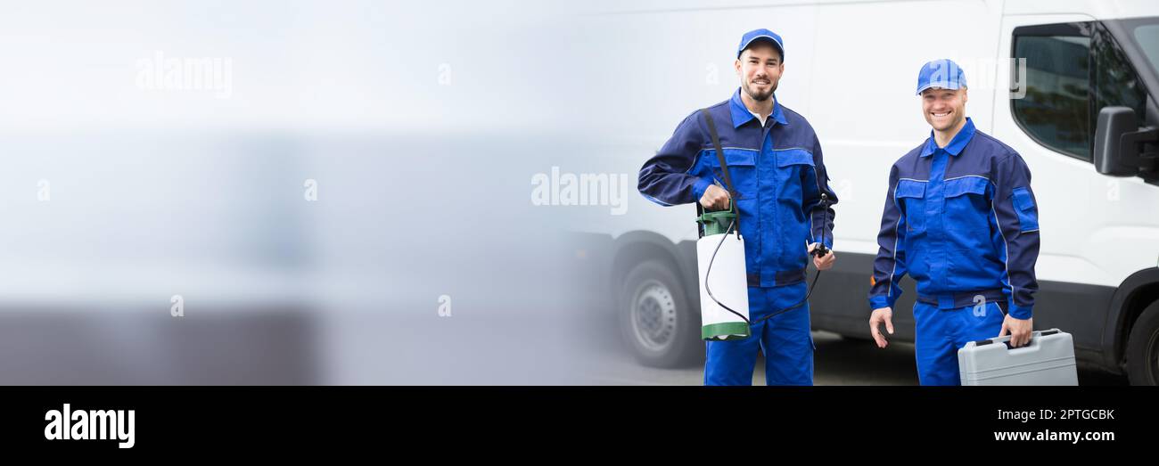 Pest Control Worker Men Near Truck. Smiling Exterminator Stock Photo ...